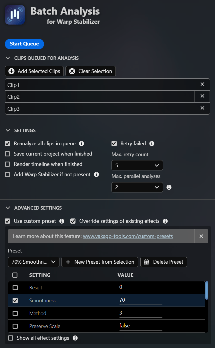 Batch Analysis Extension Help | Custom Presets - Vakago Tools